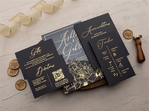 Custom Black And Gold Floral Acrylic Wedding Invitation