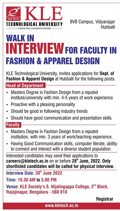 Kle Technological University Hubballi Wanted Head Of Department And