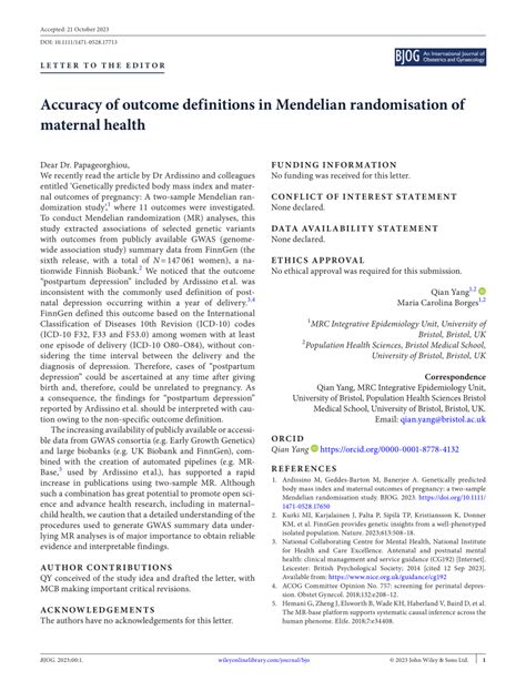 Accuracy Of Outcome Definitions In Mendelian Randomisation Of Maternal