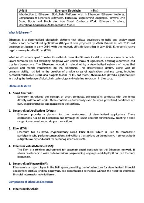 Bc Unit 3 Block Chain Unit 3 Notes Unit Iii Ethereum Blockchain