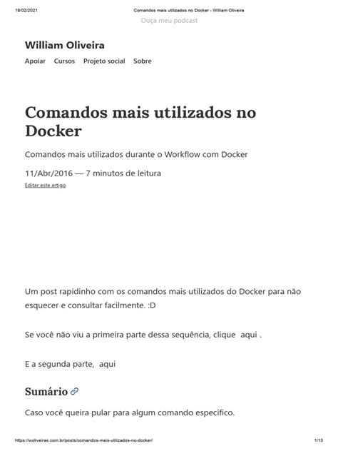 Comandos Mais Utilizados No Docker William Oliveira Pdf Podcast Informática