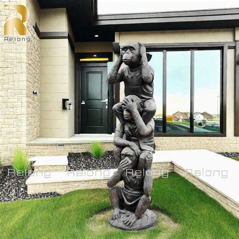 Bronze Three Wise Monkeys Statue Sitting On Bench Relong Art Sculpture
