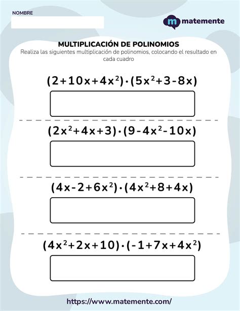 40 Ejercicios de multiplicación de polinomios para imprimir