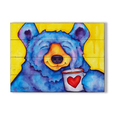 Whimsical Blue Bear Watercolor Print On Wood Coffee Lover Art Etsy