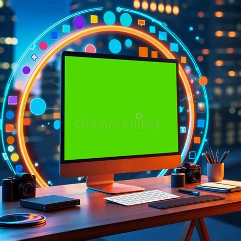 Modern Sleek Computer Setup With Vibrant Display On Wooden Desk Stock Illustration