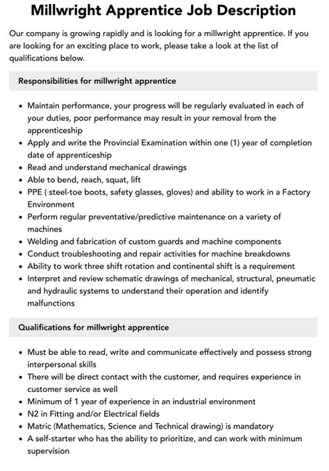Millwright Apprentice Job Description Velvet Jobs