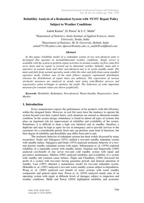 Pdf Reliability Analysis Of A Redundant System With Fcfs Repair Policy Subject To Weather