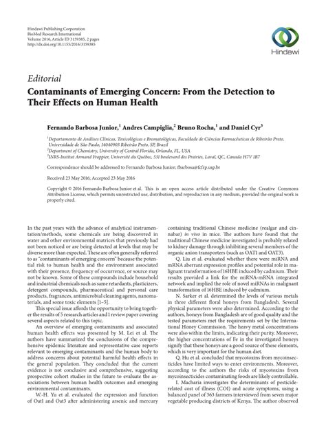 Pdf Contaminants Of Emerging Concern From The Detection To Their Effects On Human Health