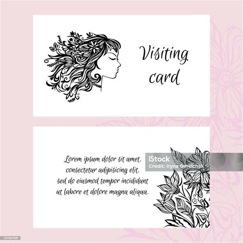 명함 양면 카드 디자인 그녀의 머리에 꽃과 어린 소녀입니다 명함 전단지 포스터 페이지를위한 아름다운 템플릿 그것은 미용실이나 이발소의 디자인으로 사용할 수 있습니다 0명에