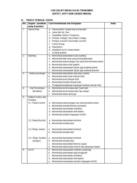 Checklist Riksa Uji K3 Transmisi Pdf