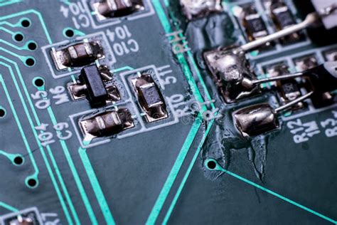 Green Pcb With Transistors And Tracks Closeup Stock Image Image Of