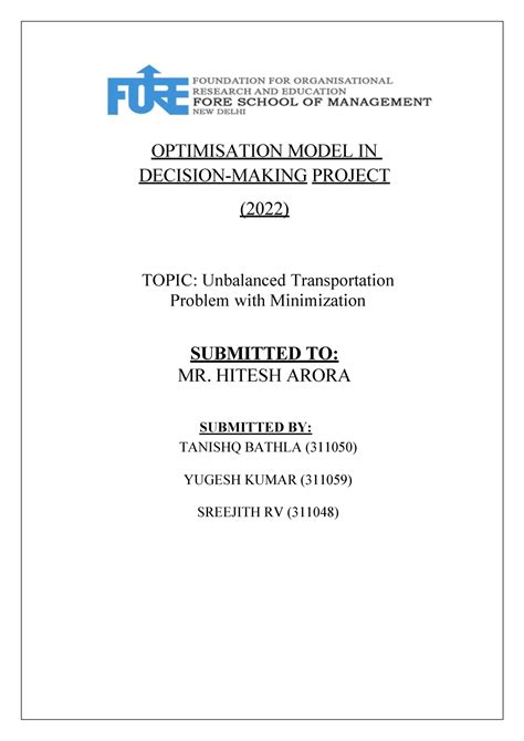 Final Omdm Project Optimisation For Decision Making Optimisation Model In Decision Making