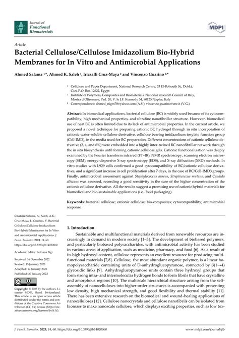 Pdf Bacterial Cellulosecellulose Imidazolium Bio Hybrid Membranes For In Vitro And