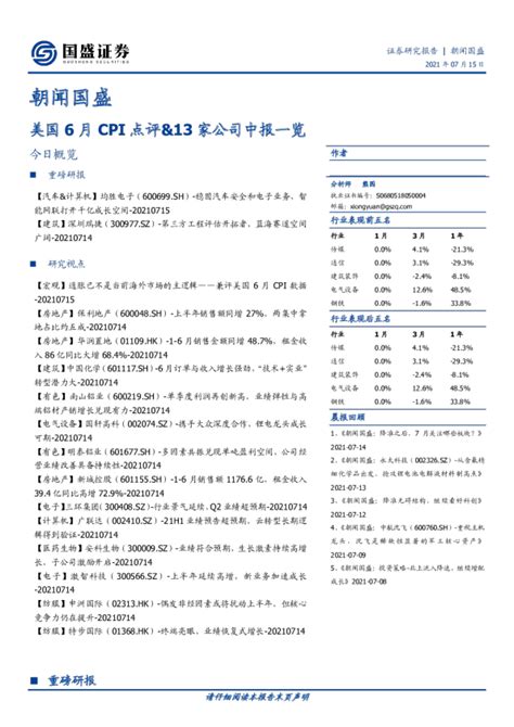 美国6月cpi点评、13家公司中报一览