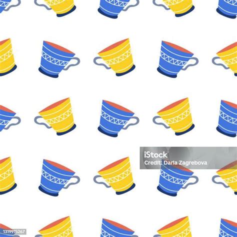 컵은 흰색 배경에 파란색과 노란색입니다 벡터 원활한 패턴 벽지 겨울에 대한 스톡 벡터 아트 및 기타 이미지 겨울 그리기