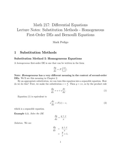 Math 217 Differential Equations Lecture Notes Substitution