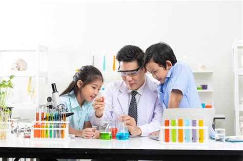 실험실 교실에서 어린이 학생들과 화학 실험을하거나 테스트하는 과학 교사 3 명에 대한 스톡 사진 및 기타 이미지 3 명 40 44세 8 9 살 Istock