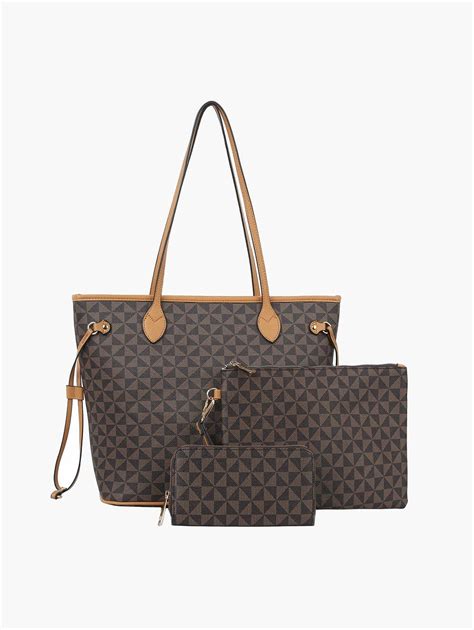 Signature Print Three Piece Tote Handbag Set Handbagexpress