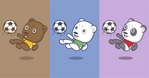 축구를 하는 귀여운 만화 곰 판다 북극곰 프리미엄 벡터