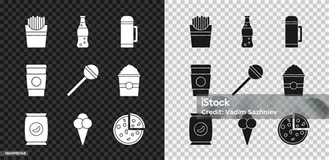 상자에 감자 감자 튀김 세트 물 한 병 보온병 용기 가방 또는 패킷 감자 칩 아이스크림 와플 콘 피자 커피 컵 이동 및 롤리팝 아이콘 벡터 0명에 대한 스톡 벡터 아트 및