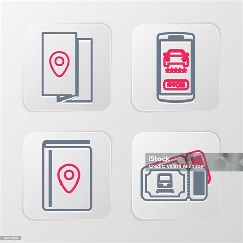 세트 라인 기차표 표지 책 여행 가이드 온라인 자동차 공유 및 아이콘 벡터 Brand Name Smart Phone에 대한 스톡 벡터 아트 및 기타 이미지 Brand