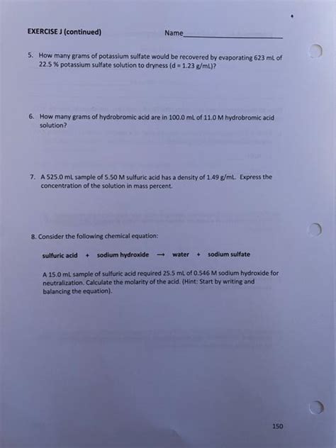 Solved Exercise J Solution Concentrations Name Section Date