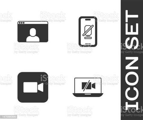 노트북 채팅 회의 카메라 및 음소거 마이크 모바일 아이콘에서 비디오 카메라 끄기를 설정합니다 벡터 Brand Name Online Messaging Platform에 대한