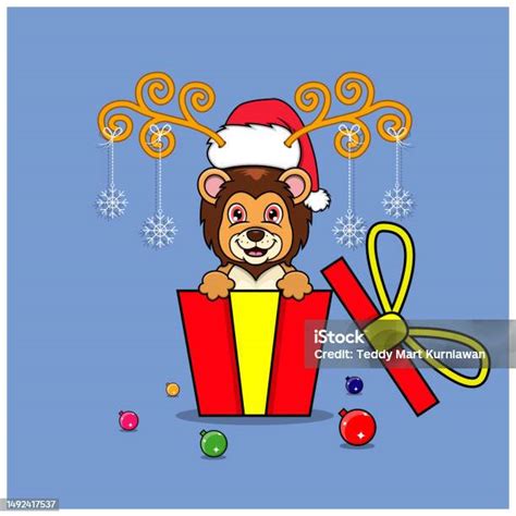 산타클로스 모자를 쓴 귀여운 사자 선물 배경 템플릿 아이콘 배너 초대장 인사말 카드 영감 디자인 및 전단지 12월에 대한 스톡 벡터 아트 및 기타 이미지 Istock
