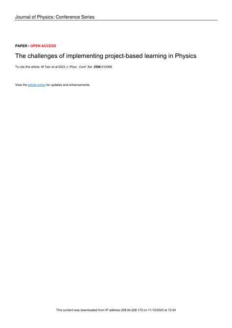 pdf the challenges of implementing project based learning in physics