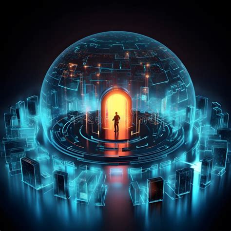 Ai Generated Illustration Of A Man Standing In Front Of A Large Round Dome With Graphs Stock