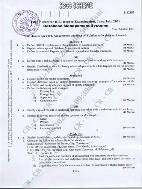 Vtu Question Paper Of 21cs53 Database Management Systems Jun July 2024