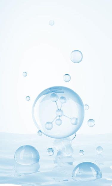 물 배경에 액체 거품 내부 분자 화장품 에센스 화장품 스파 의료 스킨 케어 3d 그림 프리미엄 사진