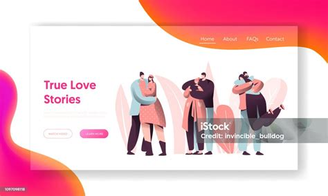 커플 캐릭터 포옹 방문 페이지를 사랑 해요 행복 한 연인 관계 낭만적인 이야기입니다 여자 남자 발렌타인 로맨스 웹사이트 또는 웹 페이지에 대 한 개념을 데이트 플랫 만화