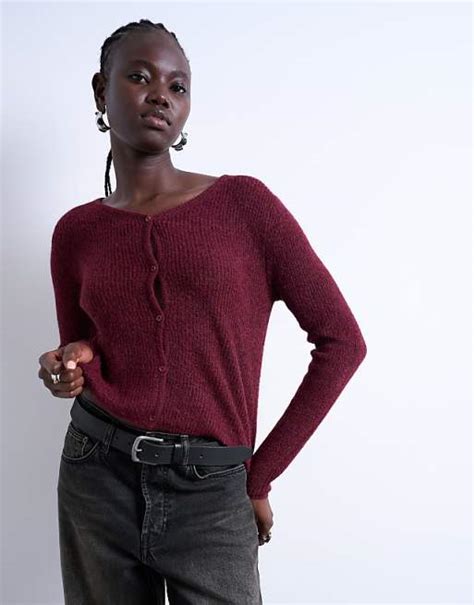 Topshop Knitted V Neck Ribbed Cardigan In Burgundy Asos