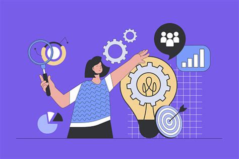 웹을 위한 현대 편평한 디자인에 있는 사업 해결책 개념 여성 브레인스토밍 및 목표 설정 혁신으로 프로젝트 개선 소셜 미디어 배너 마케팅 자료에 대한 벡터 그림입니다 개념에