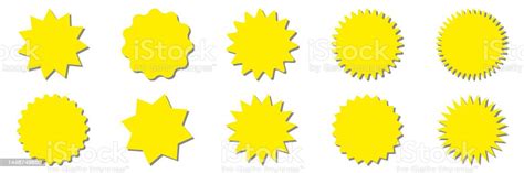 Starburst 노란색 스티커 세트 흰색 배경에 격리된 특별 제안 판매 둥근 모양의 햇살 레이블 및 배지 컬렉션 프로모션 광고를 위해 별 모양의 원형 스티커 또는 버튼