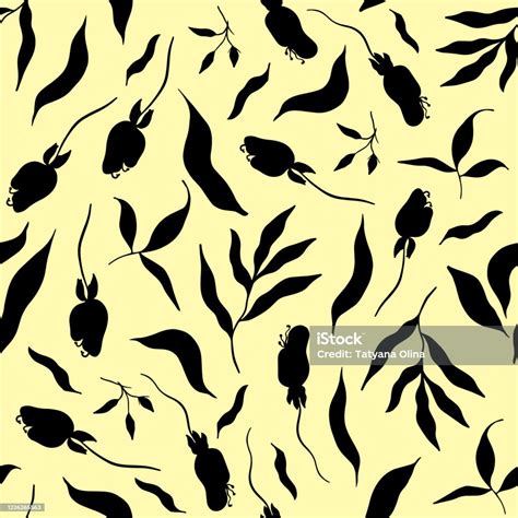 노란색 배경에 식물 패턴의 원활한 추상적 인 검은 잎 꽃의 아름다운 원활한 패턴 나뭇잎과 꽃의 실루엣 엽서 섬유 선물 포장을위한 디자인 0명에 대한 스톡 벡터 아트 및 기타