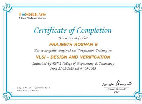 Im Completed Vlsi Design And Verification Conducted By Tessolve Eprajeeth Roshan