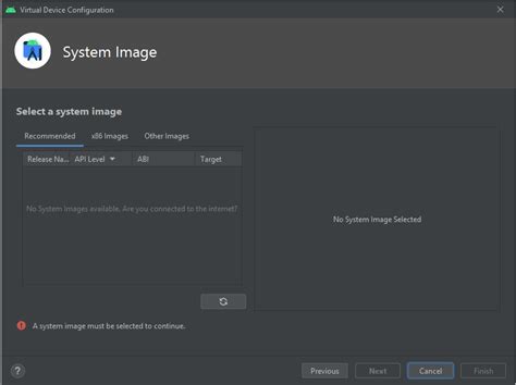 Android No System Image Available Are You Connected To The Internet Stack Overflow