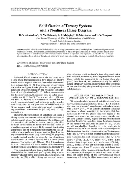Pdf Solidification Of Ternary Systems With A Nonlinear Phase Diagram Irina Nizovtseva