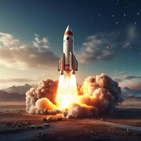 Rocket Starts From Computer Device Screen Spaceship Launch From Laptop Concept Of A Successful