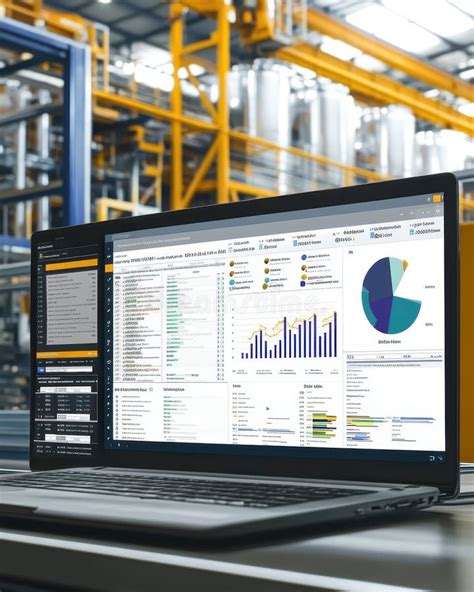 A Laptop Displaying Data Analytics In An Industrial Setting Stock Illustration Illustration Of