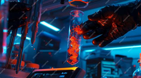 Scientist Examining Vial Red Glowing Liquid In Futuristic Lab With