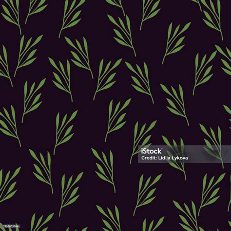 랜덤 그린 리프 분기 원활한 패턴 작은 장식 스타일을 대조합니다 검은 색 배경 0명에 대한 스톡 벡터 아트 및 기타 이미지