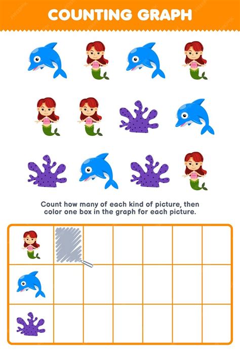 어린이를 위한 교육 게임은 귀여운 만화 인어 돌고래 산호의 수를 세고 그래프 인쇄 가능한 수중 워크시트의 상자를 색칠합니다 프리미엄 벡터