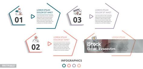 벡터 플랫 인포그래픽 템플릿입니다 네 개의 다이어그램 그래프 순서도 타임 라인 마케팅 프리젠 테이션에 대한 텍스트와 아이콘 라인 오각형 개념에 대한 스톡 벡터 아트 및 기타