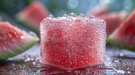 Close Up Of Cold Wet Watermelon Cube With Water Droplets Stock Image
