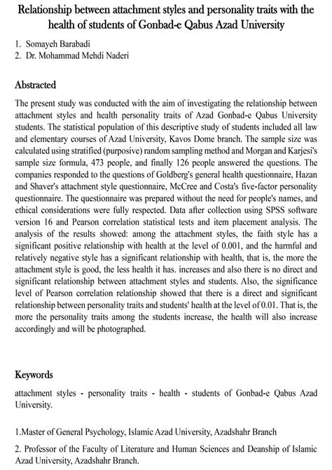 Article 3 Relationship Between Attachment Styles And Personality Traits Somayeh Barabdi