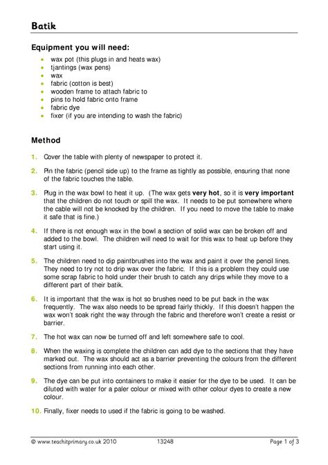 Batik Instructions And Evaluation Ks2 Art And Design Teachit