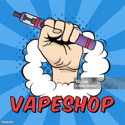 손 잡고 Vaping에 대 한 전기 도구와 벡터 Vape 상점 그림 증기 전기 담배 기화 기 전자 Cig 아이콘 만화 만화 스타일 광선에 대한 스톡 벡터 아트 및 기타